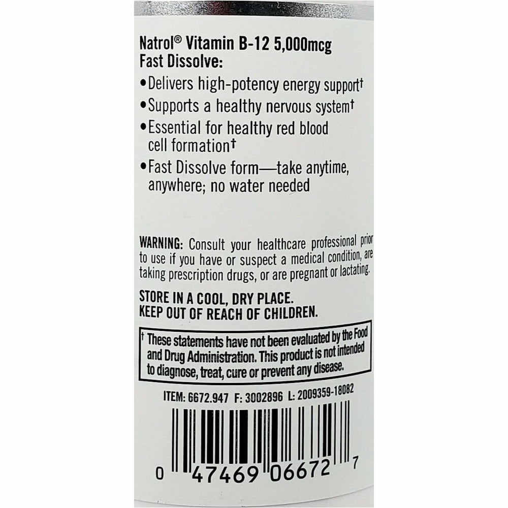 Vitamin B12 5000 mcg, 100 Fast Dissolve Tablets by Natrol - Hargraves ...