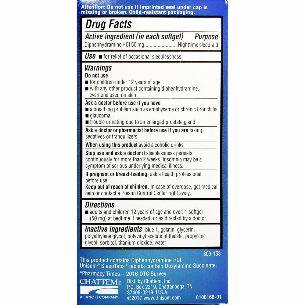 Unisom Sleep Gels, 50 mg 100 Softgels - Hargraves Online Healthcare